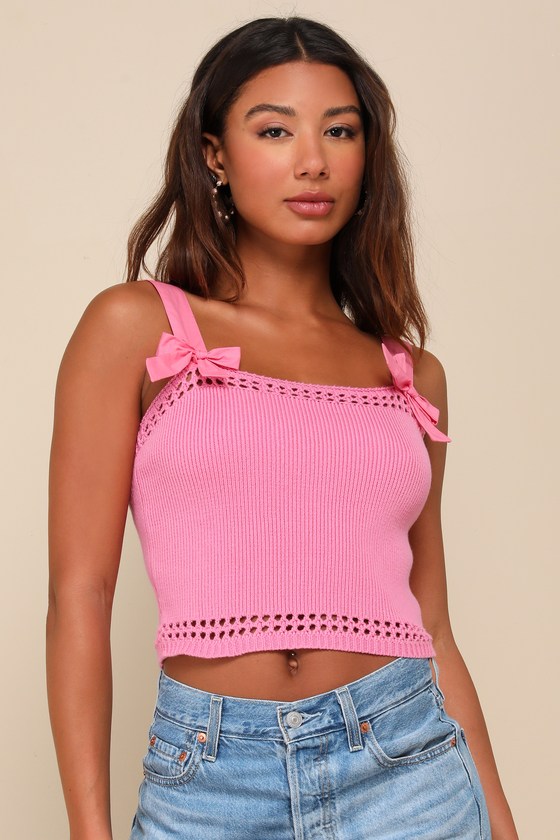 Pink Pointelle Tank Top - Sweater Knit Top - Cropped Bow Tank Top - Lulus