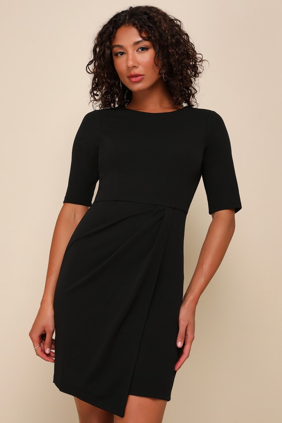 Chic Black Dress - Half Sleeve Dress - Crewneck Sheath Dress - Lulus