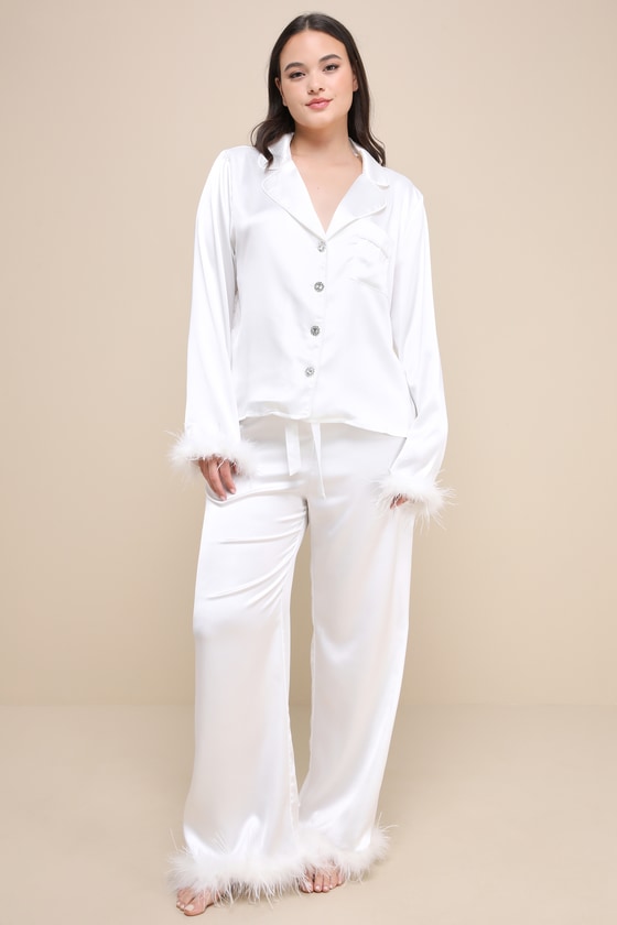 White Satin PJ Set - Feather-Trimmed PJ Set - Bridal Pajamas - Lulus