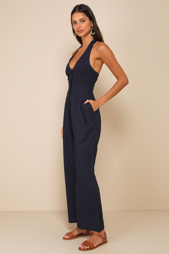 Navy Blue Jumpsuit - Wide-Leg Jumpsuit - Backless Halter Jumpsuit - Lulus