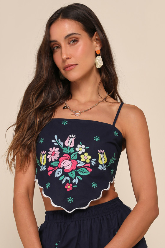 Lulus Charmed Aesthetic Navy Blue Linen Embroidered Handkerchief Top In ...