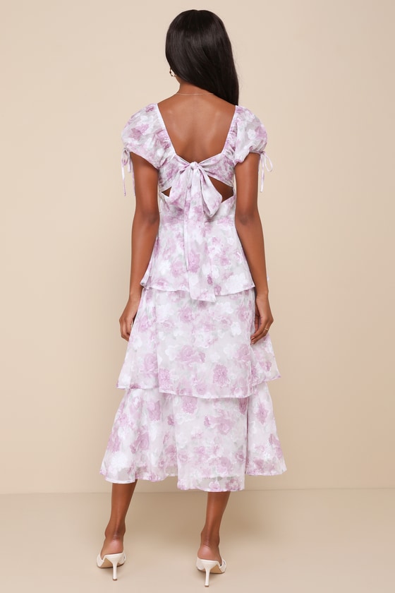 Purple Floral Bustier Dress - Tiered Midi Dress - Tie-Back Dress - Lulus
