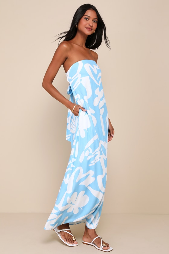 Light Blue Abstract Dress - Strapless Dress - Tie-Back Maxi Dress - Lulus