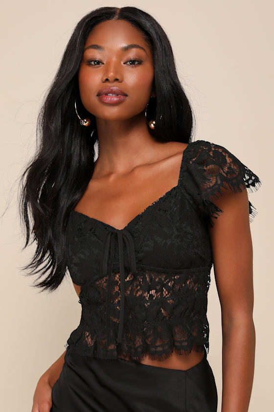 Black Lace Crop Top Flirty Tie Back Top Sheer Lace V Neck Top Lulus
