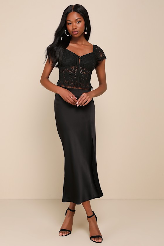 Black Lace Crop Top Flirty Tie Back Top Sheer Lace V Neck Top Lulus