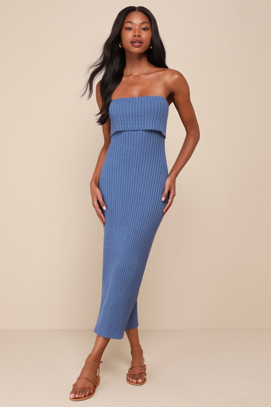Dark Blue Ribbed Dress - Midi Sweater Dress - Strapless Dress - Lulus