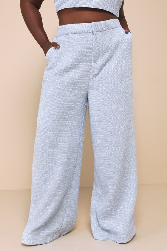 Blue Tweed Pants - Wide-Leg Pants - High-Waisted Trouser Pants - Lulus