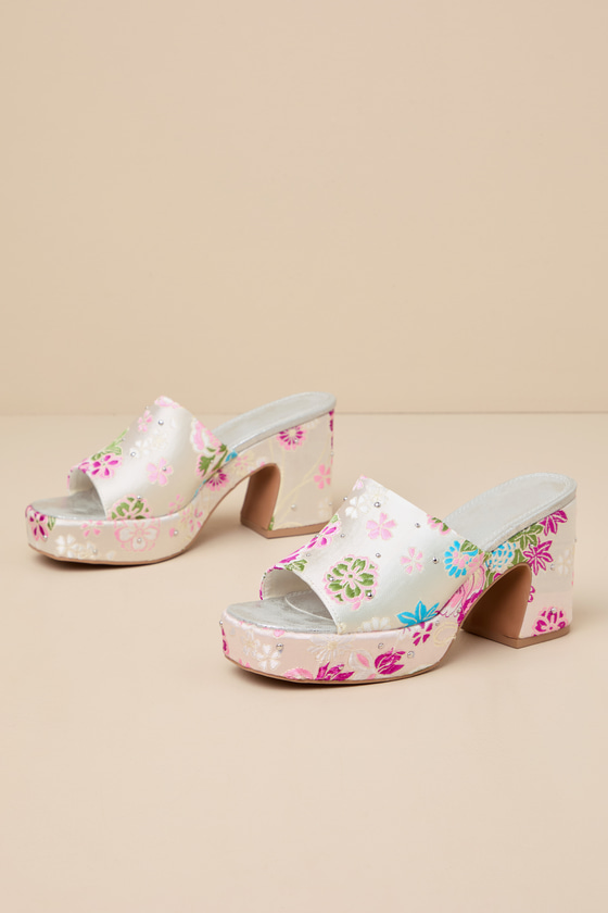 Light Grey Floral Slides - High Heel Slides - Platform Sandals - Lulus
