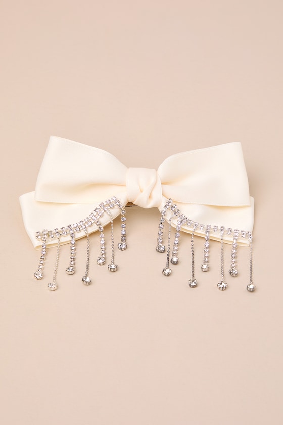 Ivory Satin Bow Clip - Rhinestone Fringe Bow - Ivory Hair Bow - Lulus