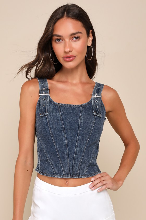 Dark Wash Denim Top - Denim Bustier Crop Top - Denim Crop Top - Lulus