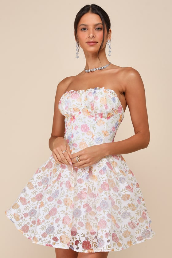 White Burnout Dress - Floral Strapless Dress - Cute Mini Dress - Lulus
