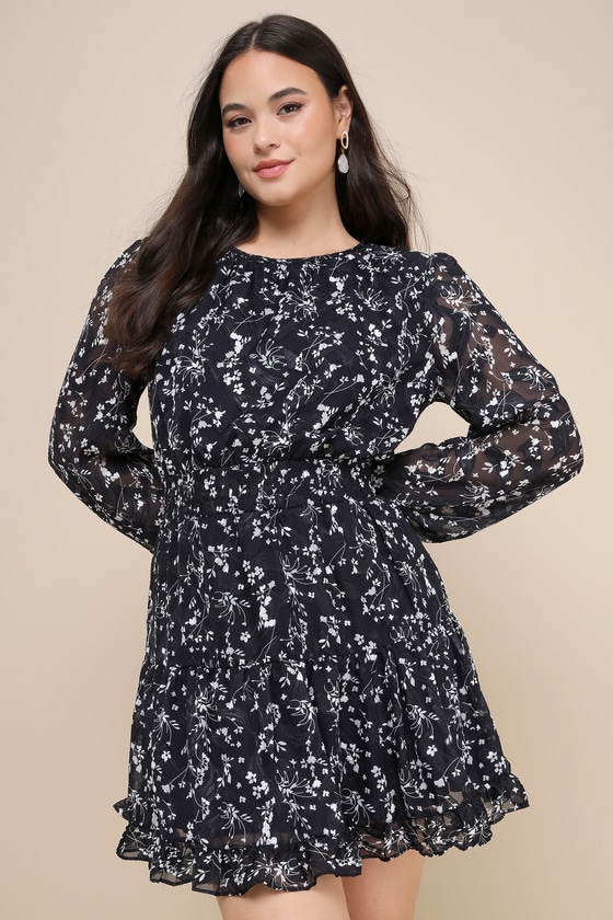 Navy Blue Dress - Floral Print Dress - Long Sleeve Mini Dress - Lulus