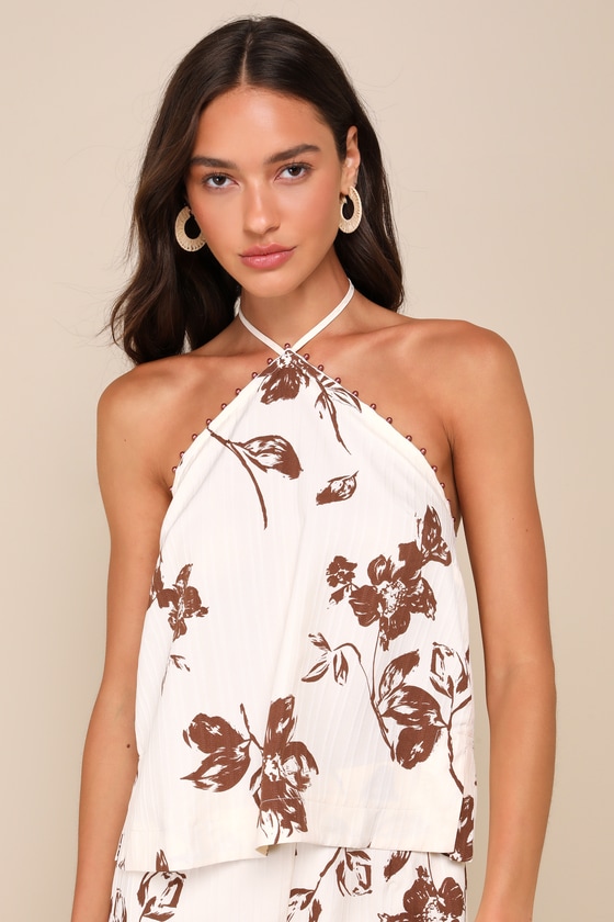 Ivory and Brown Floral Top - Bead Trim Top - Cropped Halter Top - Lulus