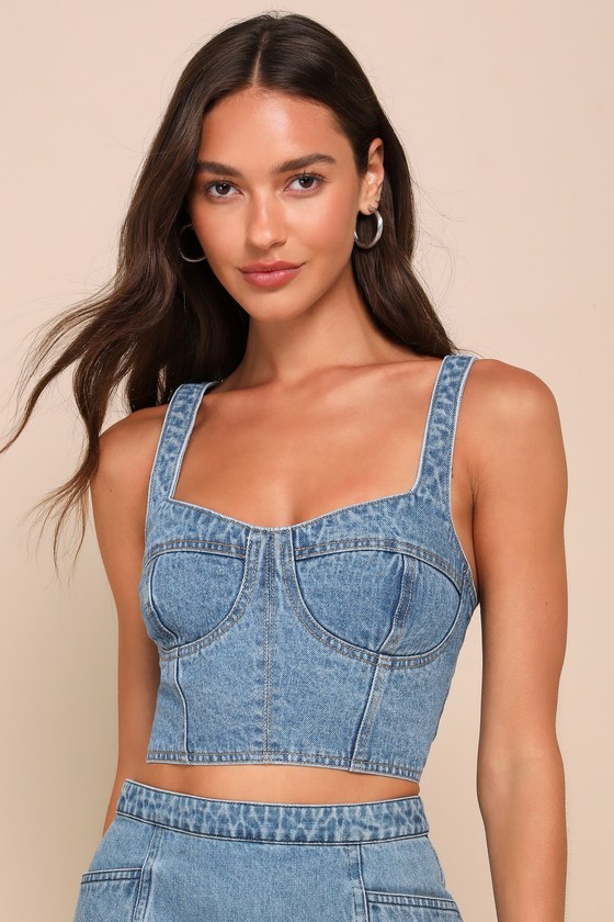 Medium Wash Denim Top - Denim Crop Top - Denim Bustier Top - Top - Lulus