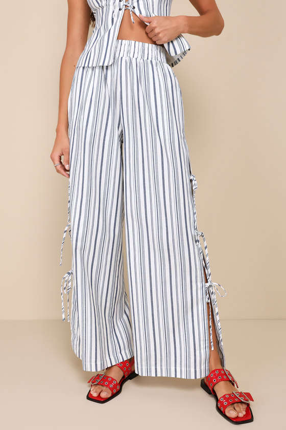 Ivory and Blue Striped Pants - High-Rise Pants - Side-Tie Pants - Lulus