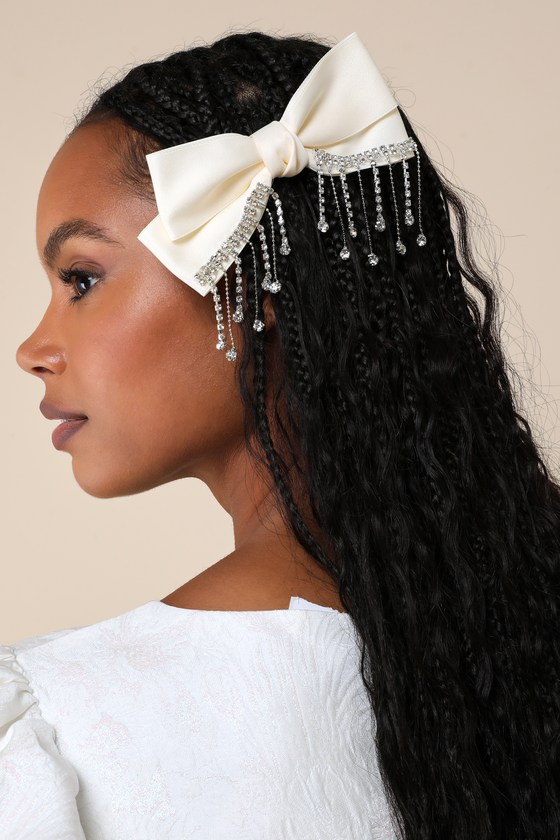 Ivory Satin Bow Clip - Rhinestone Fringe Bow - Ivory Hair Bow - Lulus