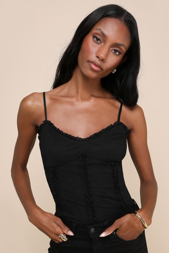 Black Cami Top - Ruffled Mesh Cami Top - Scoop Neck Cami Top - Lulus
