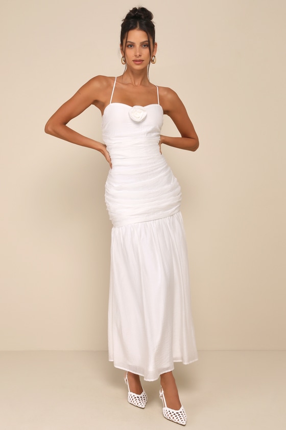 White Ruched Dress - Rosette Drop Waist Dress - Ruched Maxi Dress - Lulus