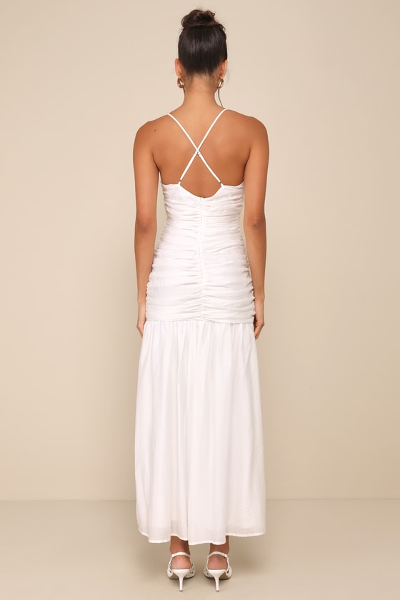 White Ruched Dress - Rosette Drop Waist Dress - Ruched Maxi Dress - Lulus