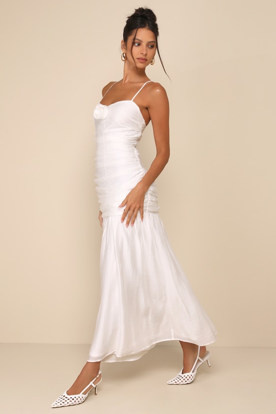 Lulus Dream Elegance White Ruched Rosette Drop Waist Maxi Dress | ModeSens