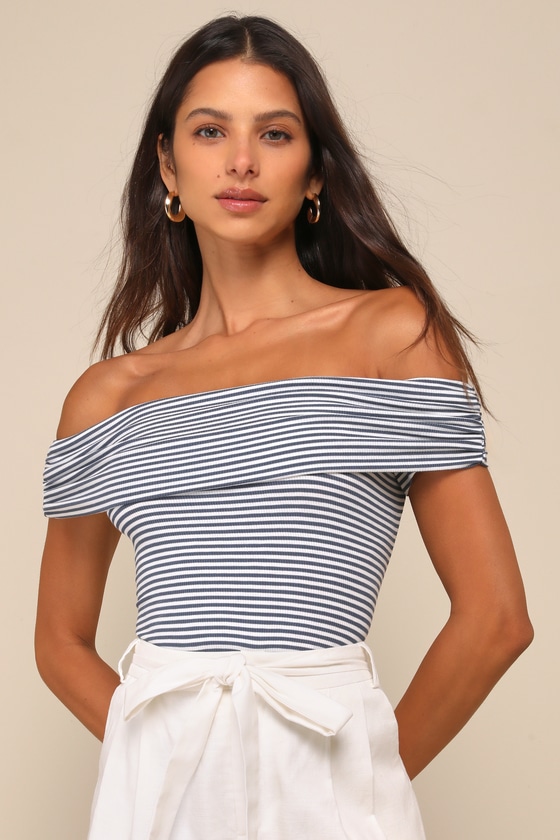 Cute Blue Striped Top - Ribbed Knit Top - Off-the-Shoulder Top - Lulus