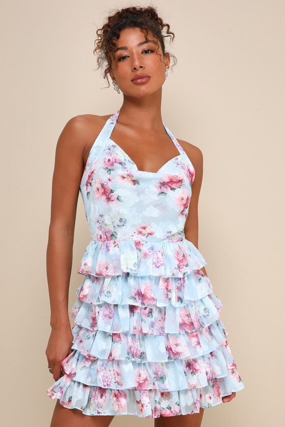 Light Blue Floral Dress - Tiered Dress - Cute Halter Mini Dress - Lulus