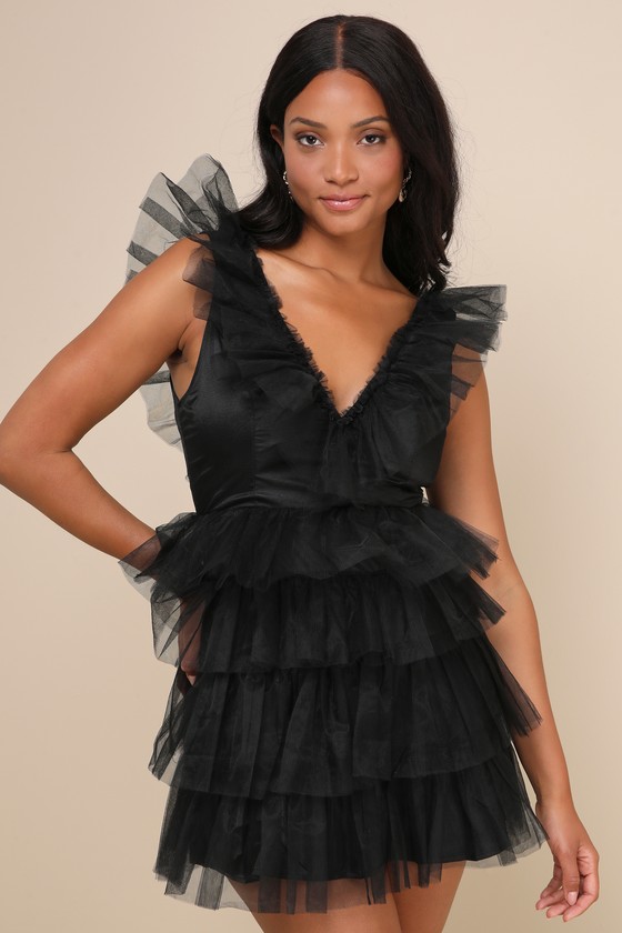 Black Tulle Dress - Tiered Ruffled Dress - V-Neck Mini Dress - Lulus