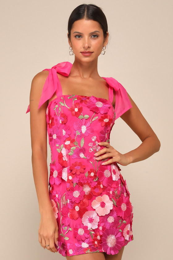 Hot Pink Floral Dress - Tie-Strap Mini Dress - Bodycon Dress - Lulus