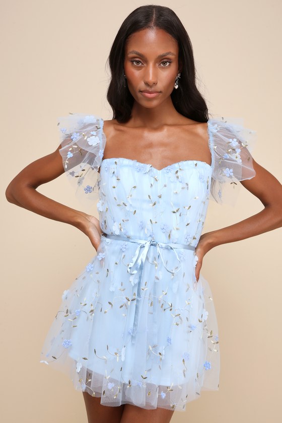 Light Blue Romper - Embroidered Romper - Flutter Sleeve Romper - Lulus