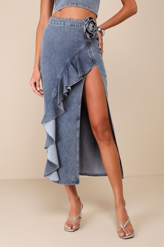 Light Wash Denim Skirt - Ruffled Denim Skirt - Rosette Midi Skirt - Lulus