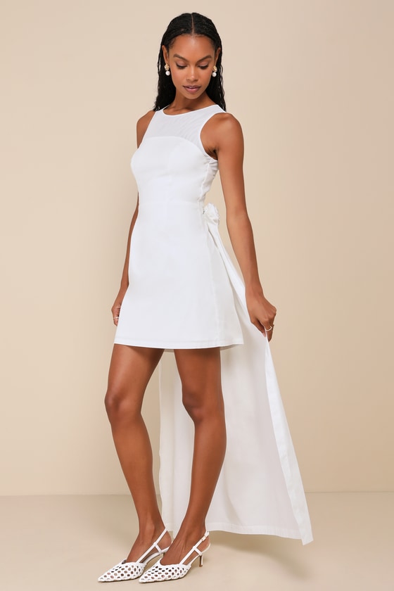 White Mesh Dress - Rosette Train Dress - Mini Dress With Train - Lulus