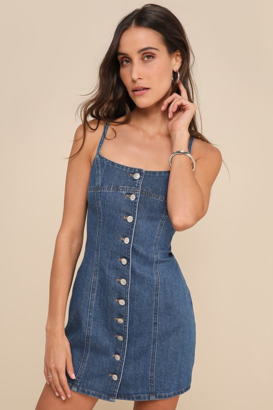 Medium Wash Denim Dress - Mini Denim Dress - Button-Front Dress - Lulus
