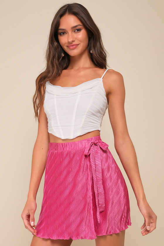 Hot Pink Faux-Wrap Skort- Plisse Satin Skort - Hot Pink Skort - Lulus