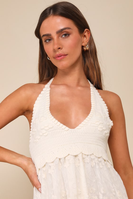 Cream Knit Dress - Mesh Embroidered Dress - Halter Neck Dress - Lulus