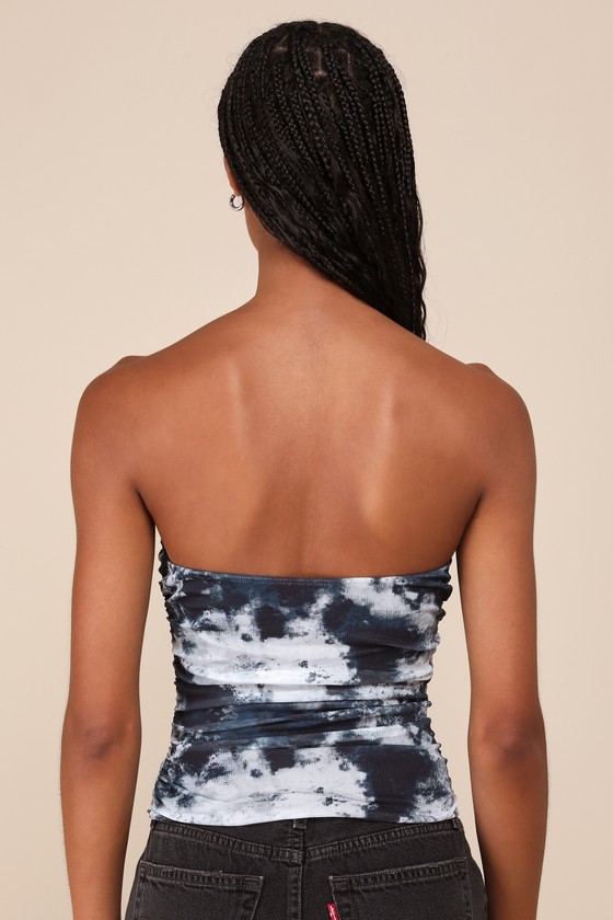 Dark Blue Abstract Print Top - Mesh Knit Top - Strapless Mesh Top - Lulus