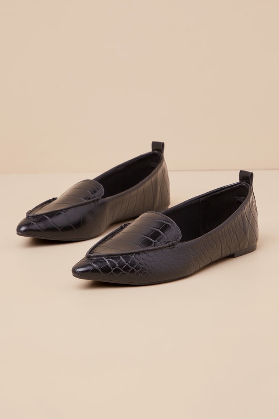 Black Crocodile Loafers - Loafer Flats - Pointed-Toe Loafers - Lulus