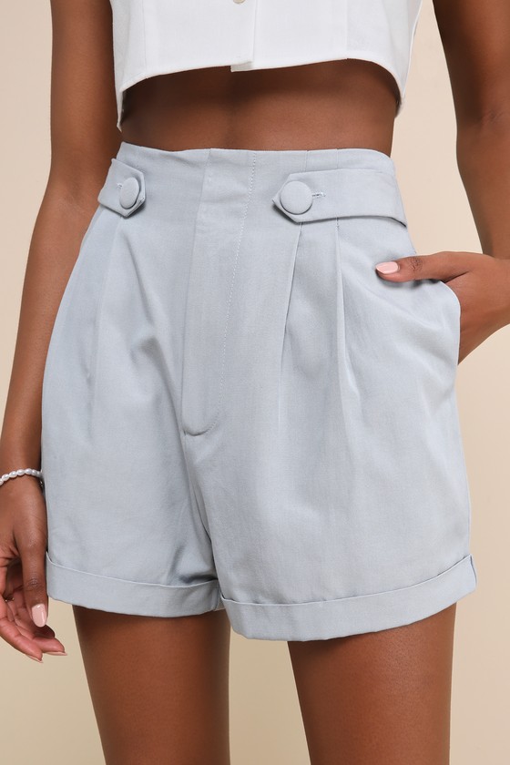 Slate Blue Shorts High Rise Shorts Tailored Pleated Shorts Lulus