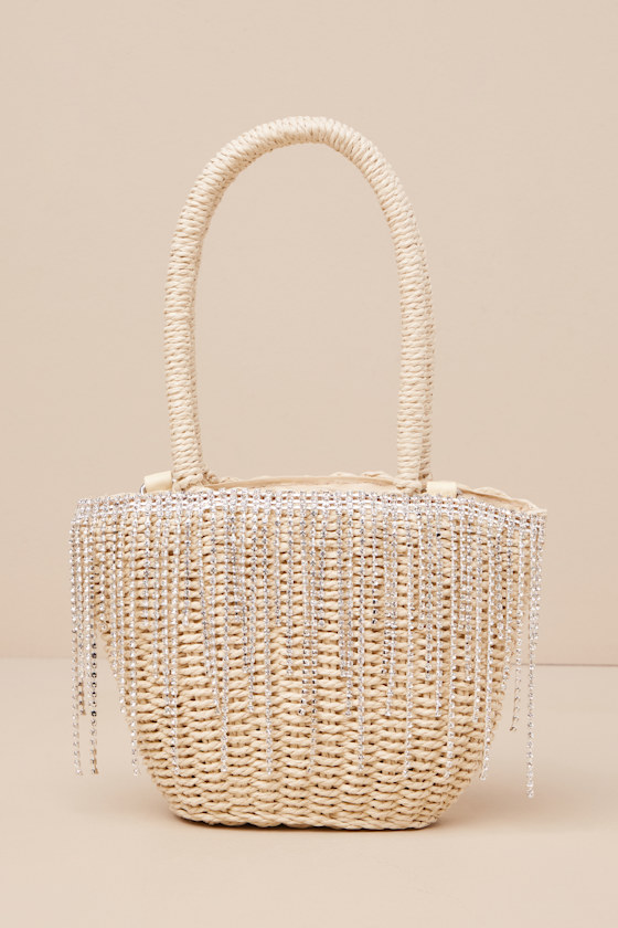 Ivory Rhinestone Fringe Bag - Mini Basket Bag - Mini Tote Bag - Lulus