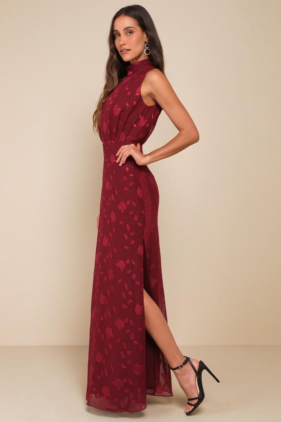 Burgundy Burnout Dress Sleeveless Mock Neck Dress Maxi Dress Lulus