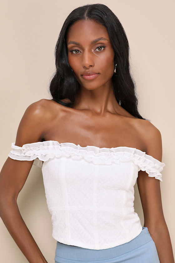 White Textured Top - Ruffled Off-the-Shoulder Top - Cropped Top - Lulus