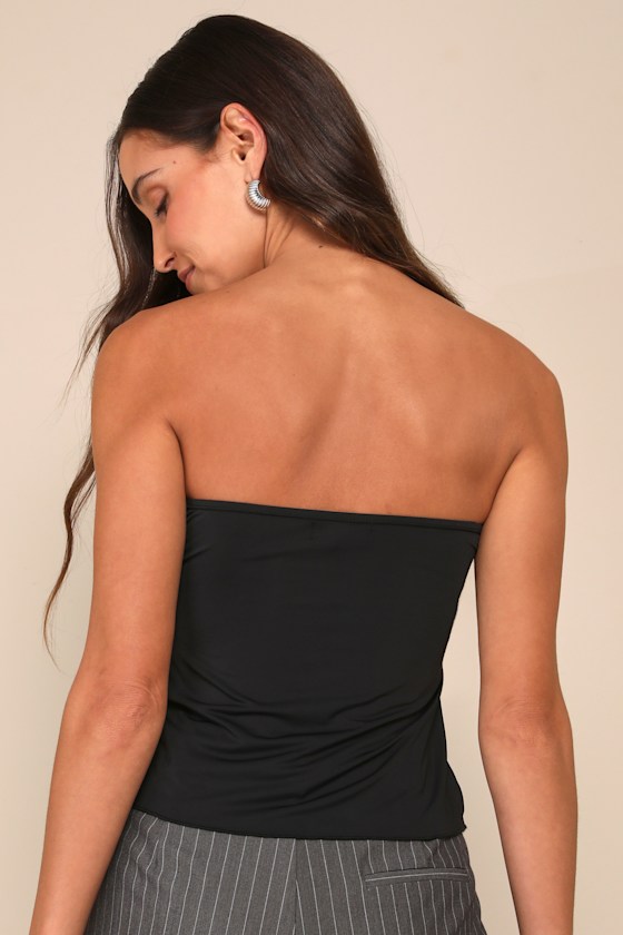 Black Slinky Knit Top - Strapless Top - Drawstring Ruched Top - Lulus