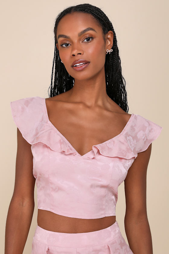 Light Pink Crop Top Satin Jacquard Top Ruffled V Neck Top Lulus