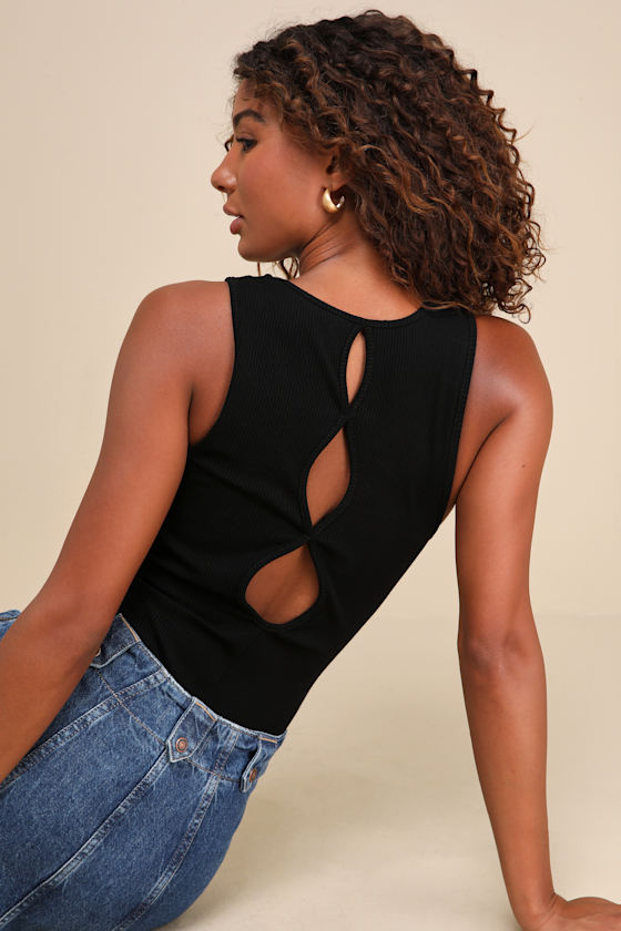 Black Ribbed Bodysuit Cutout Bodysuit Fitted Cutout Bodysuit Lulus