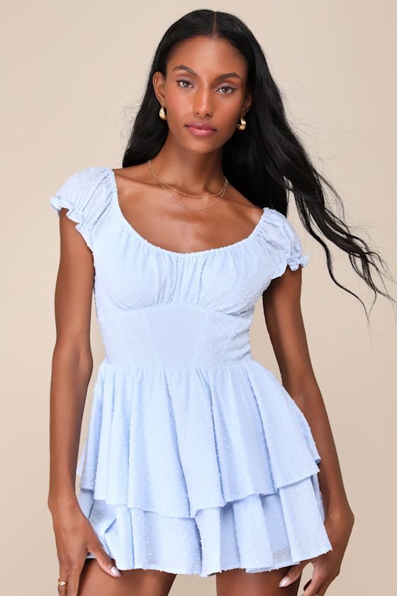 Light Blue Swiss Dot Romper - Bustier Romper - Ruffled Romper - Lulus