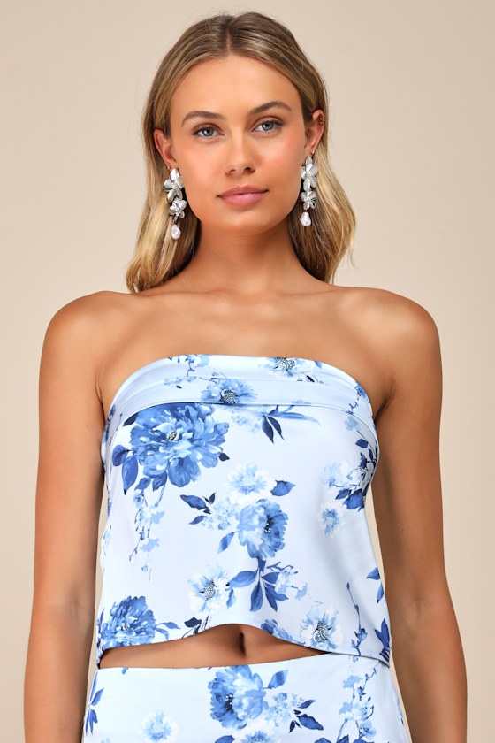 Light Blue Crop Top - Satin Floral Top - Strapless Crop Top - Top - Lulus