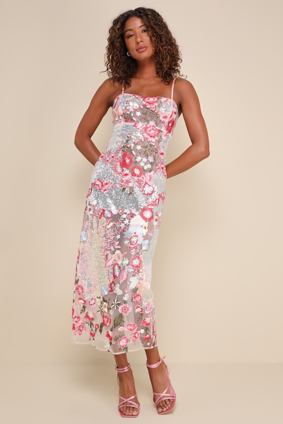 Pink Sheer Dress - Embroidered Floral Dress - Sequin Midi Dress - Lulus