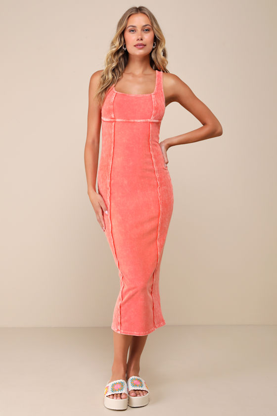 Coral Pink Washed Dress - Ribbed Dress - Paneled Midi Dress - Lulus