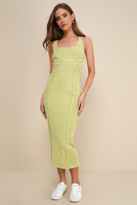 Limed Green Washed Dress - Ribbed Dress - Paneled Midi Dress - Lulus