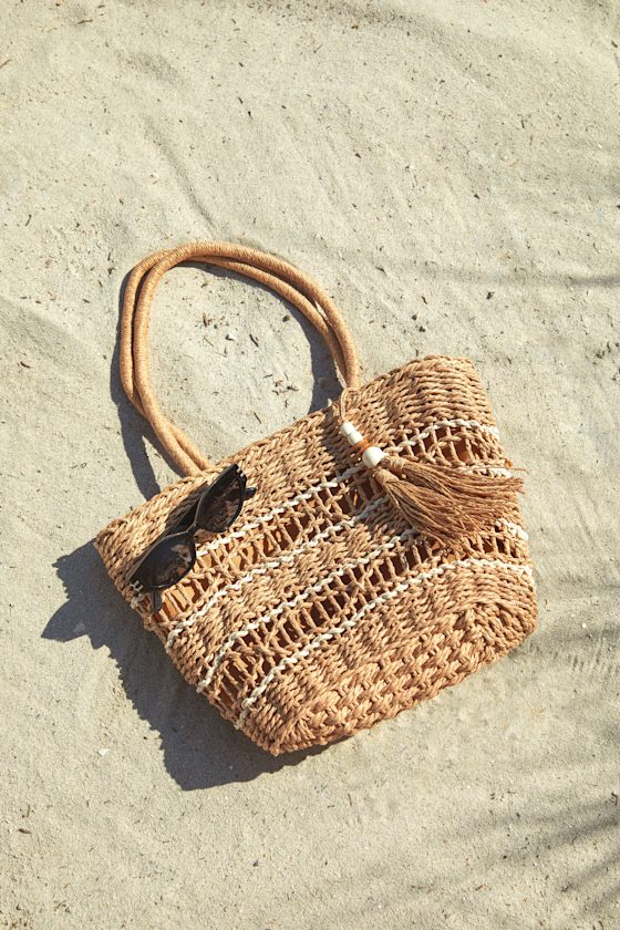 Tan Striped Tote Bag - Woven Tote Bag - Tasseled Tote Bag - Tote - Lulus