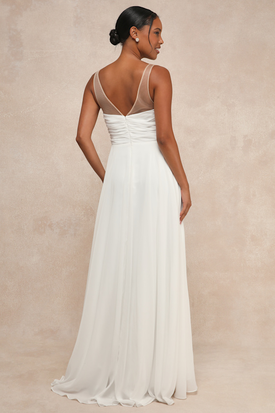 White Illusion Gown - Beaded Wedding Gown - White Chiffon Gown - Lulus